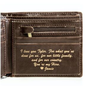 swanky badger personalized mens wallet - a custom leather bifold wallet with id sleeve and coin pocket