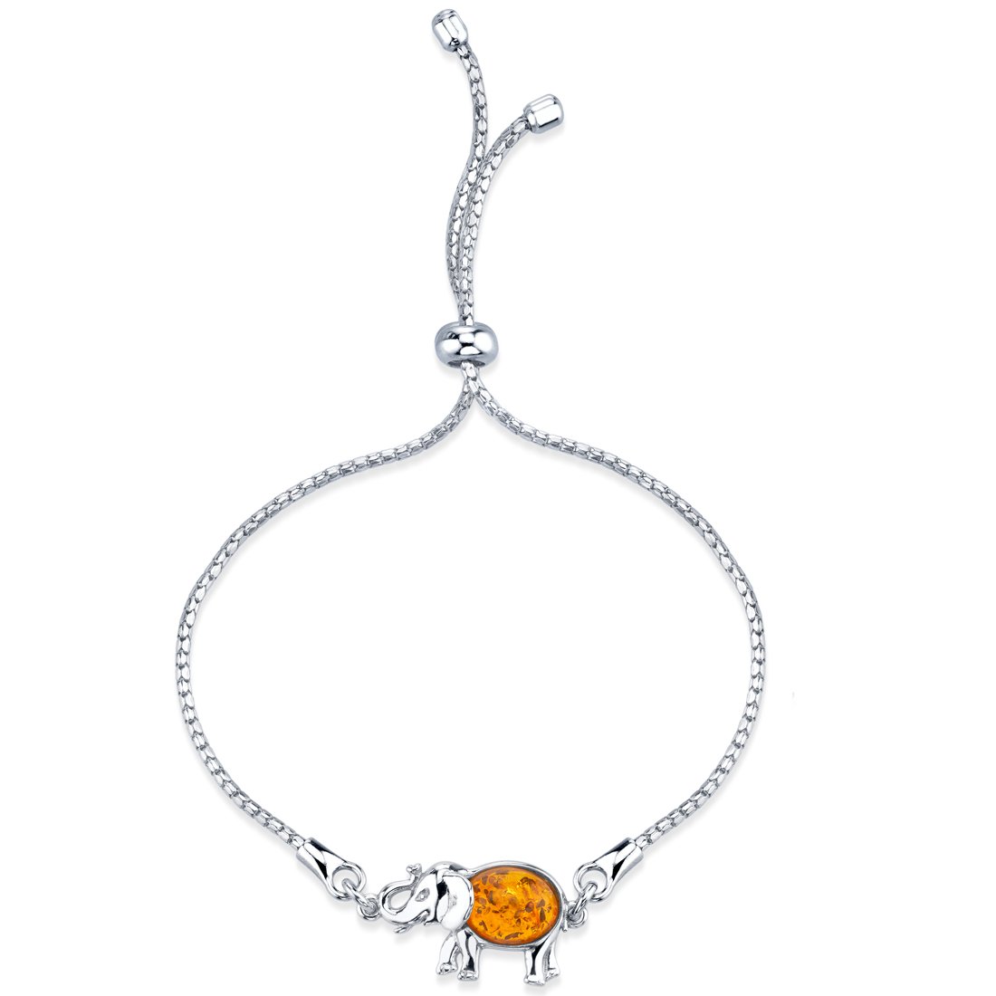 PEORA Genuine Baltic Amber Elephant Charm Bracelet for Women 925 Sterling Silver, Rich Cognac Color, Adjustable Pull String Bolo, 9 inches