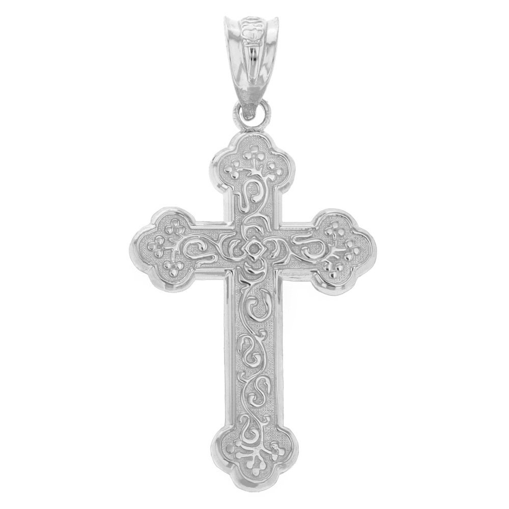 Religious Jewelry 10k White Gold Eastern Orthodox Floral Rose Cross Pendant