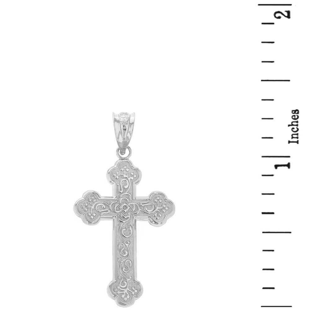 Religious Jewelry 10k White Gold Eastern Orthodox Floral Rose Cross Pendant