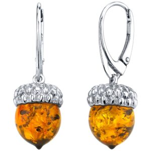 peora genuine baltic amber acorn drop earrings for women 925 sterling silver, rich cognac color, lever backs