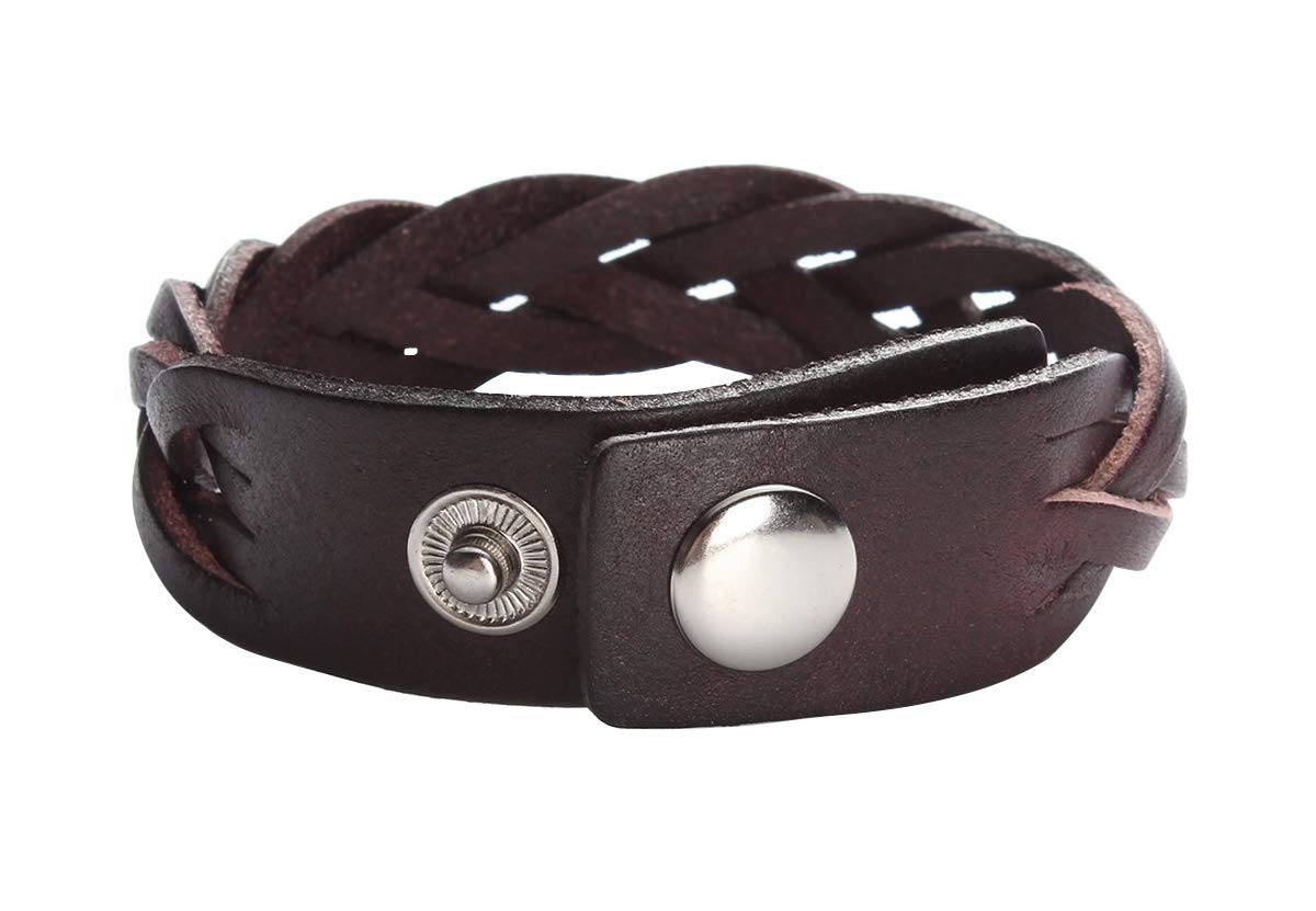 CCBFY Genuine Leather Bracelet Braided Sporty Wide Wristband Punk Jewelry for Men Women Brown