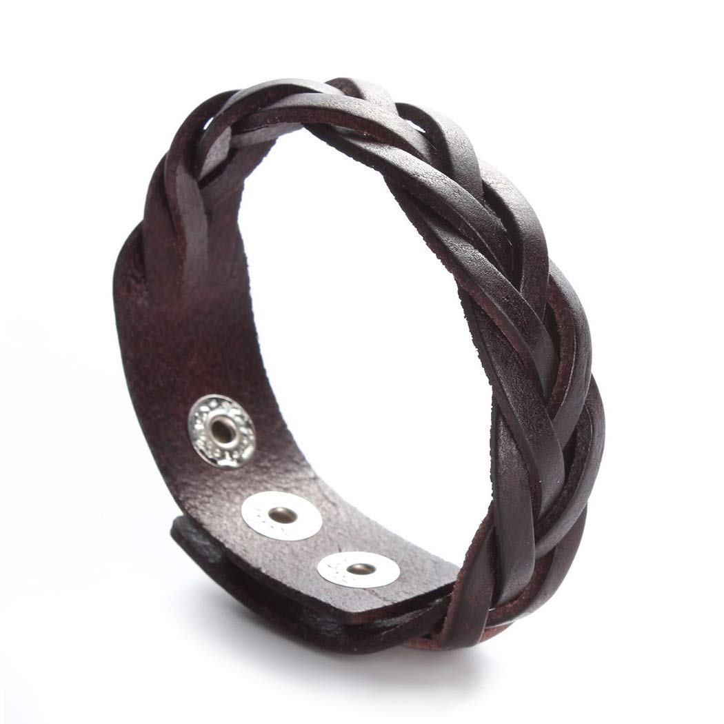 CCBFY Genuine Leather Bracelet Braided Sporty Wide Wristband Punk Jewelry for Men Women Brown