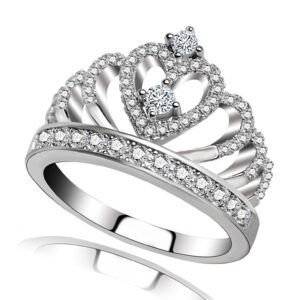 Princess Queen Crown Rings for Women Eternity Heart-Shaped Promise Ring Zircon Jewelry Silver 6