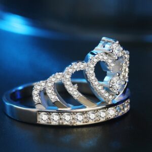 Princess Queen Crown Rings for Women Eternity Heart-Shaped Promise Ring Zircon Jewelry Silver 6