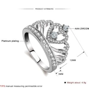 Princess Queen Crown Rings for Women Eternity Heart-Shaped Promise Ring Zircon Jewelry Silver 6