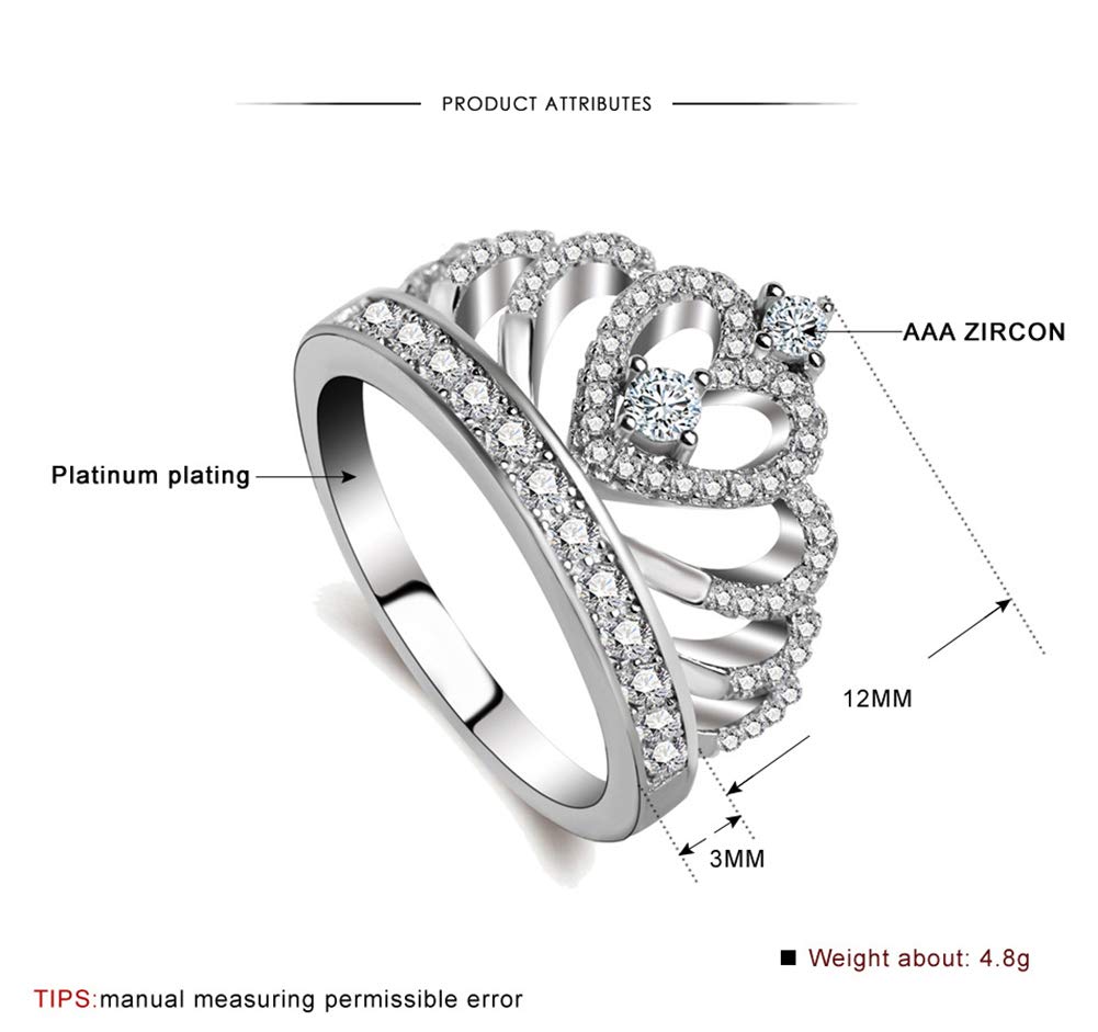 Princess Queen Crown Rings for Women Eternity Heart-Shaped Promise Ring Zircon Jewelry Silver 6