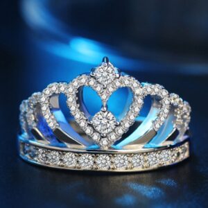 Princess Queen Crown Rings for Women Eternity Heart-Shaped Promise Ring Zircon Jewelry Silver 6