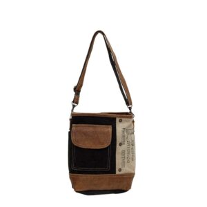 peace and goodness upcycled canvas genuine leather trim crossbody bag