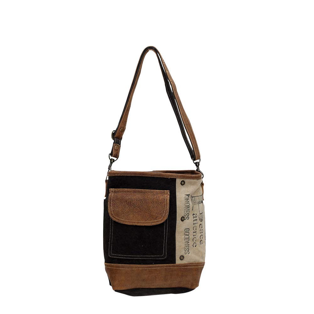 Peace and Goodness Upcycled Canvas Genuine Leather Trim Crossbody Bag