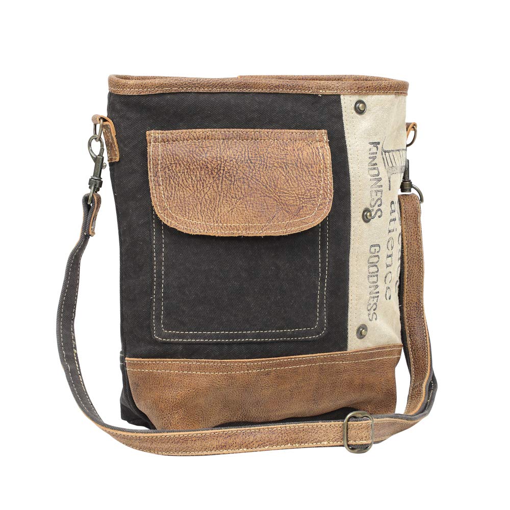 Peace and Goodness Upcycled Canvas Genuine Leather Trim Crossbody Bag