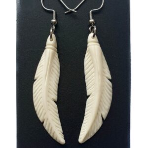 Swimmi 2.4 inch Bone Feather Earrings, Hand Craved Feather Bone Earrings, Handmade Dangle Drop Hook Bone Jewelry FA026