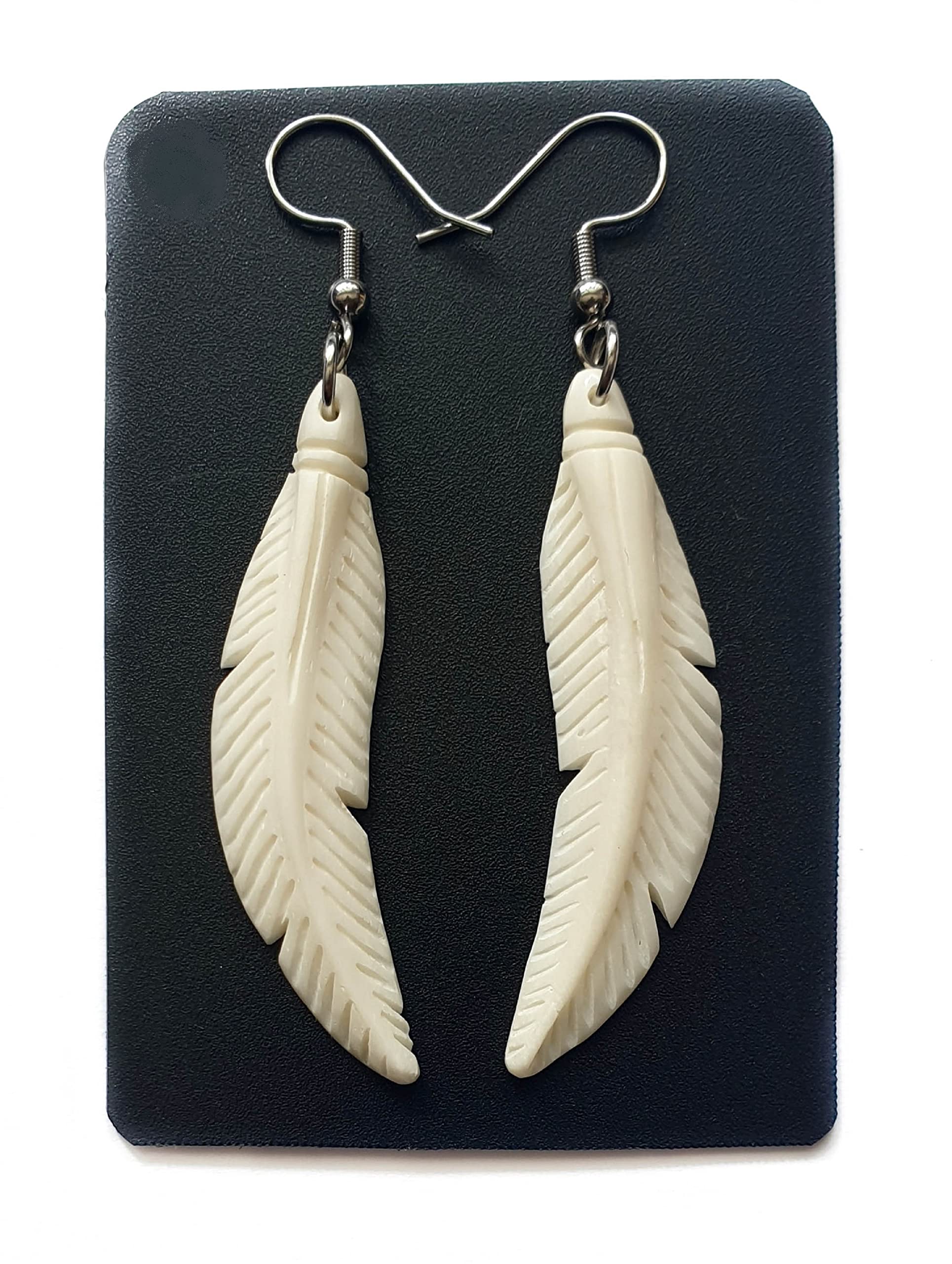 Swimmi 2.4 inch Bone Feather Earrings, Hand Craved Feather Bone Earrings, Handmade Dangle Drop Hook Bone Jewelry FA026