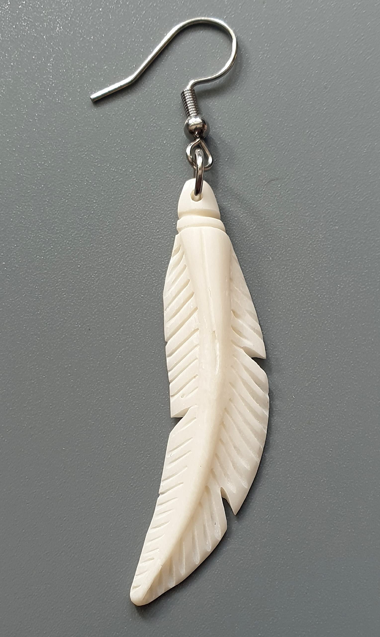 Swimmi 2.4 inch Bone Feather Earrings, Hand Craved Feather Bone Earrings, Handmade Dangle Drop Hook Bone Jewelry FA026