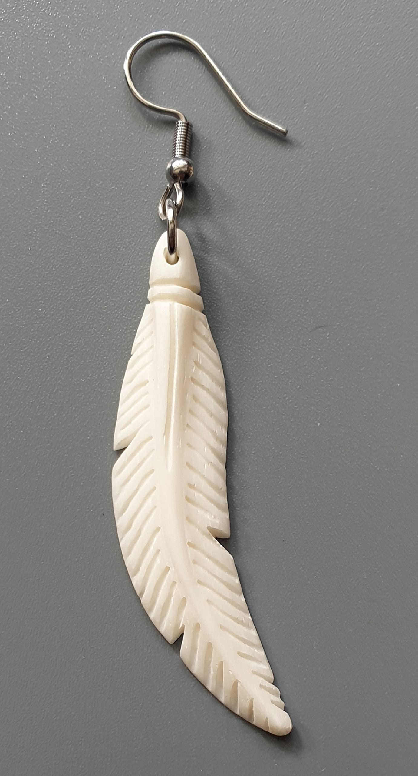 Swimmi 2.4 inch Bone Feather Earrings, Hand Craved Feather Bone Earrings, Handmade Dangle Drop Hook Bone Jewelry FA026