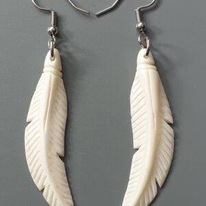 Swimmi 2.4 inch Bone Feather Earrings, Hand Craved Feather Bone Earrings, Handmade Dangle Drop Hook Bone Jewelry FA026