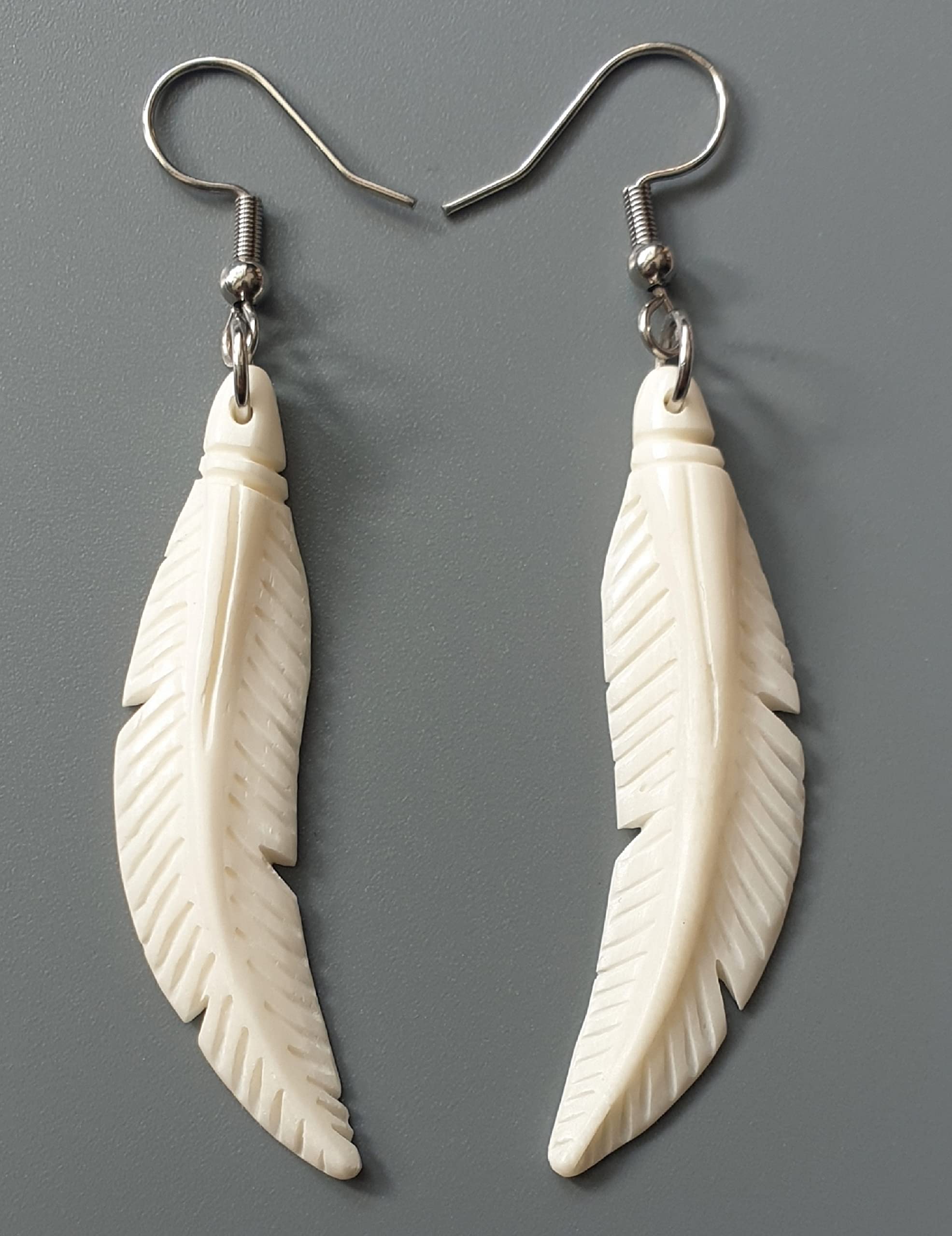 Swimmi 2.4 inch Bone Feather Earrings, Hand Craved Feather Bone Earrings, Handmade Dangle Drop Hook Bone Jewelry FA026