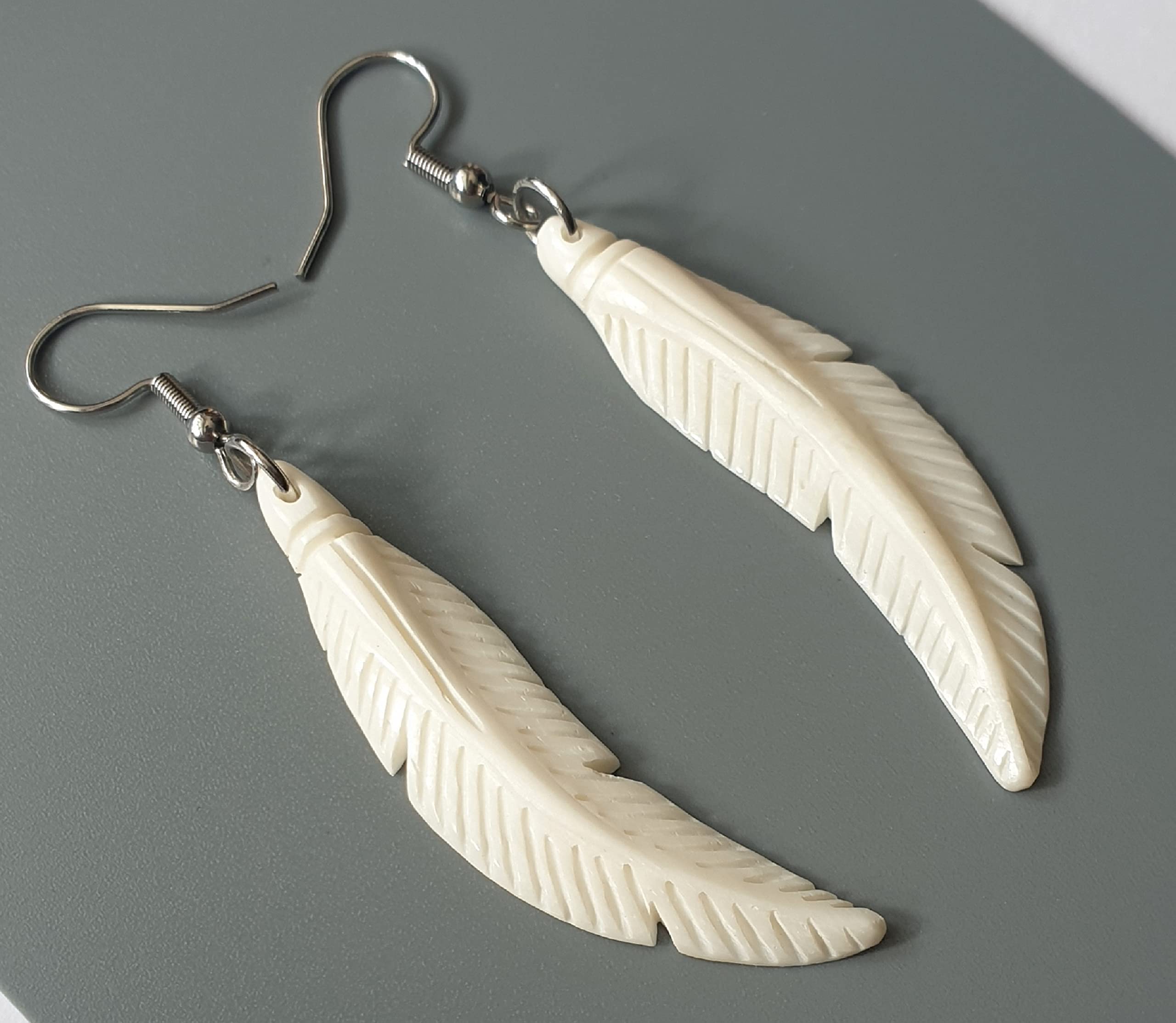 Swimmi 2.4 inch Bone Feather Earrings, Hand Craved Feather Bone Earrings, Handmade Dangle Drop Hook Bone Jewelry FA026