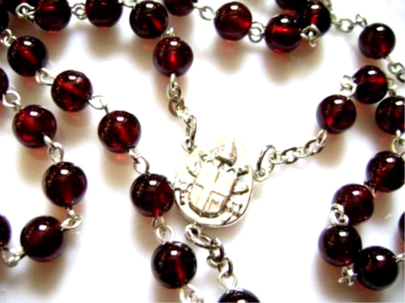 elegantmedical HANDMADE Garnet Gemstone Bead Catholic Sterling 925 Silver 5 DECADE ROSARY Cross Crucifix Necklace Womens/Girls