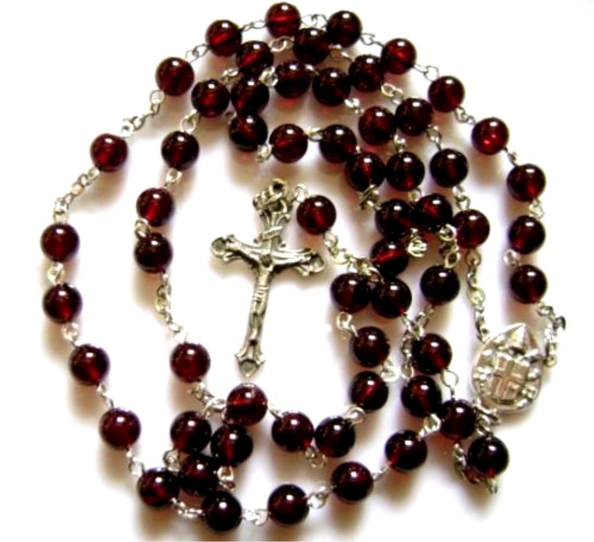 elegantmedical HANDMADE Garnet Gemstone Bead Catholic Sterling 925 Silver 5 DECADE ROSARY Cross Crucifix Necklace Womens/Girls