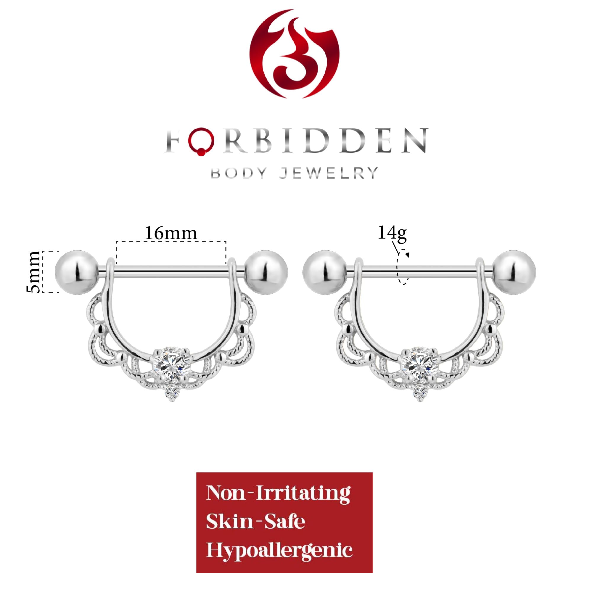 Forbidden Body Jewelry 14g Surgical Steel Clear CZ Crystal Lacey Partial Nipple Shield Filigree Barbell Set