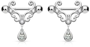 forbidden body jewelry 14g 9/16 inch (14mm) surgical steel heart filigree cz tear drop partial nipple shield barbell set