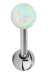 forbidden body jewelry 14g 16mm (5/8 inch) white resin imitation opal ball top tongue ring barbell