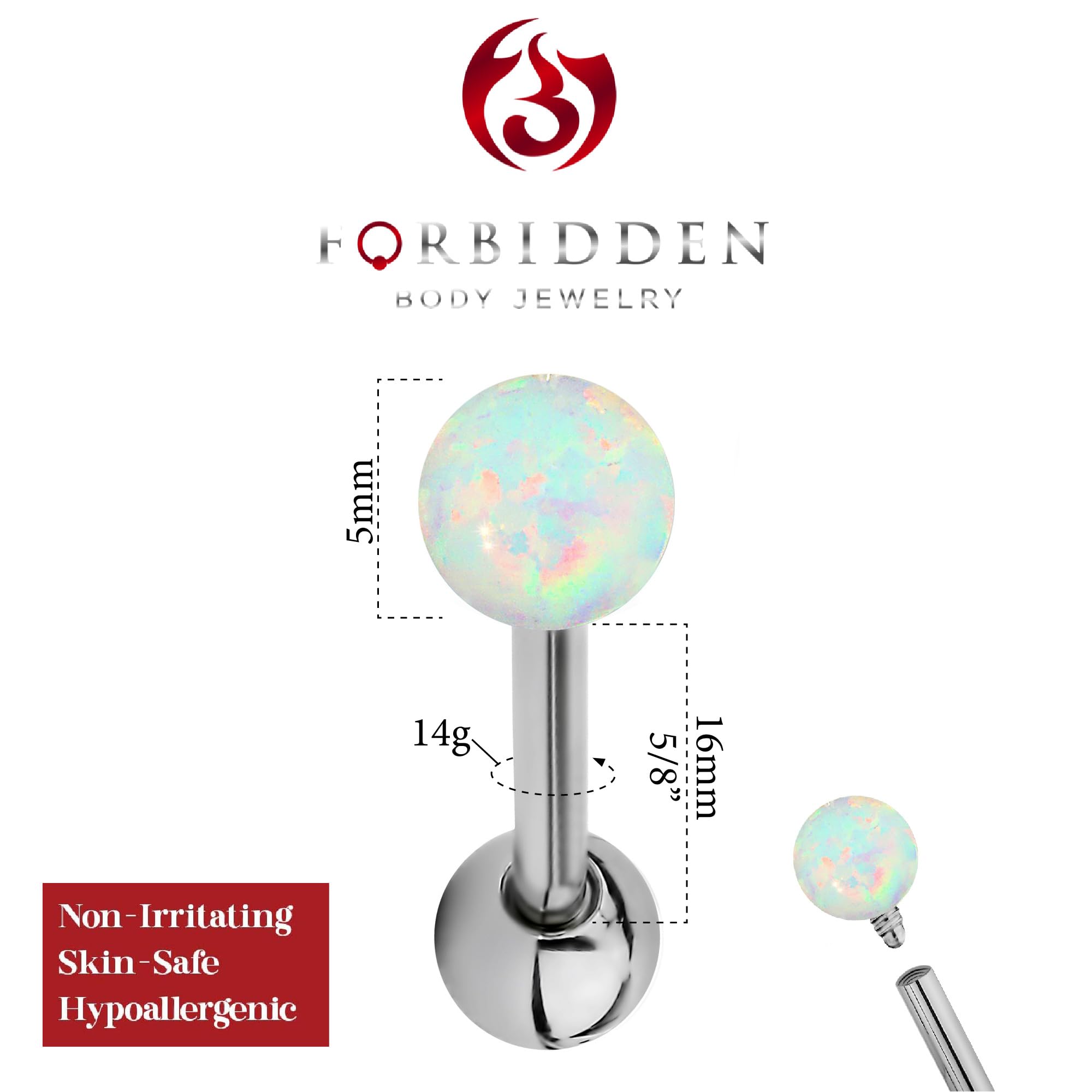 Forbidden Body Jewelry 14G 16mm (5/8 Inch) White Resin Imitation Opal Ball Top Tongue Ring Barbell