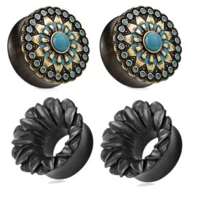 zaya body jewelry 2 pairs black wood turquoise flower wood ear plugs tunnels 0g 1/2 9/16 5/8 3/4 7/8 1 inch (0g 8mm)