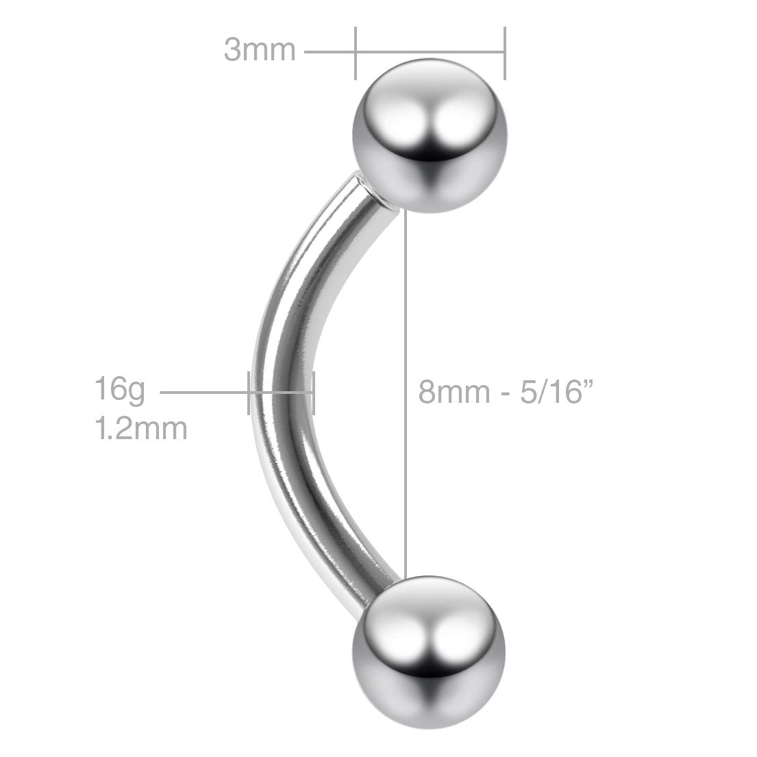 Bling Piercing 16g Curved Barbell Internally Threaded Vertical Labret Balls Gauge Internal Thread Jewelry 8mm 5/16