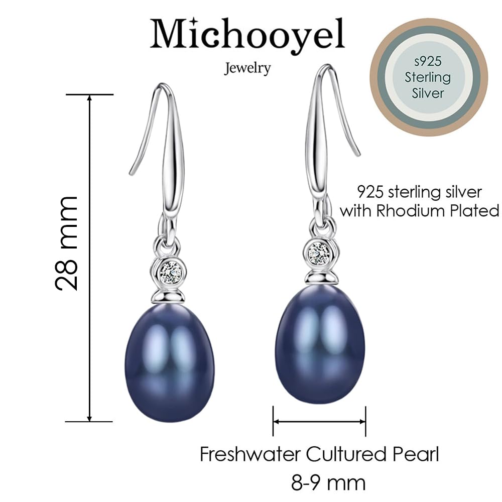 Michooyel 925 Sterling Silver Freshwater Cultured Pearl Dangle Drop Earrings for Women AAA+ Quality 8mm Black Pearl Earrings Cubic Zirconia Women's Earrings