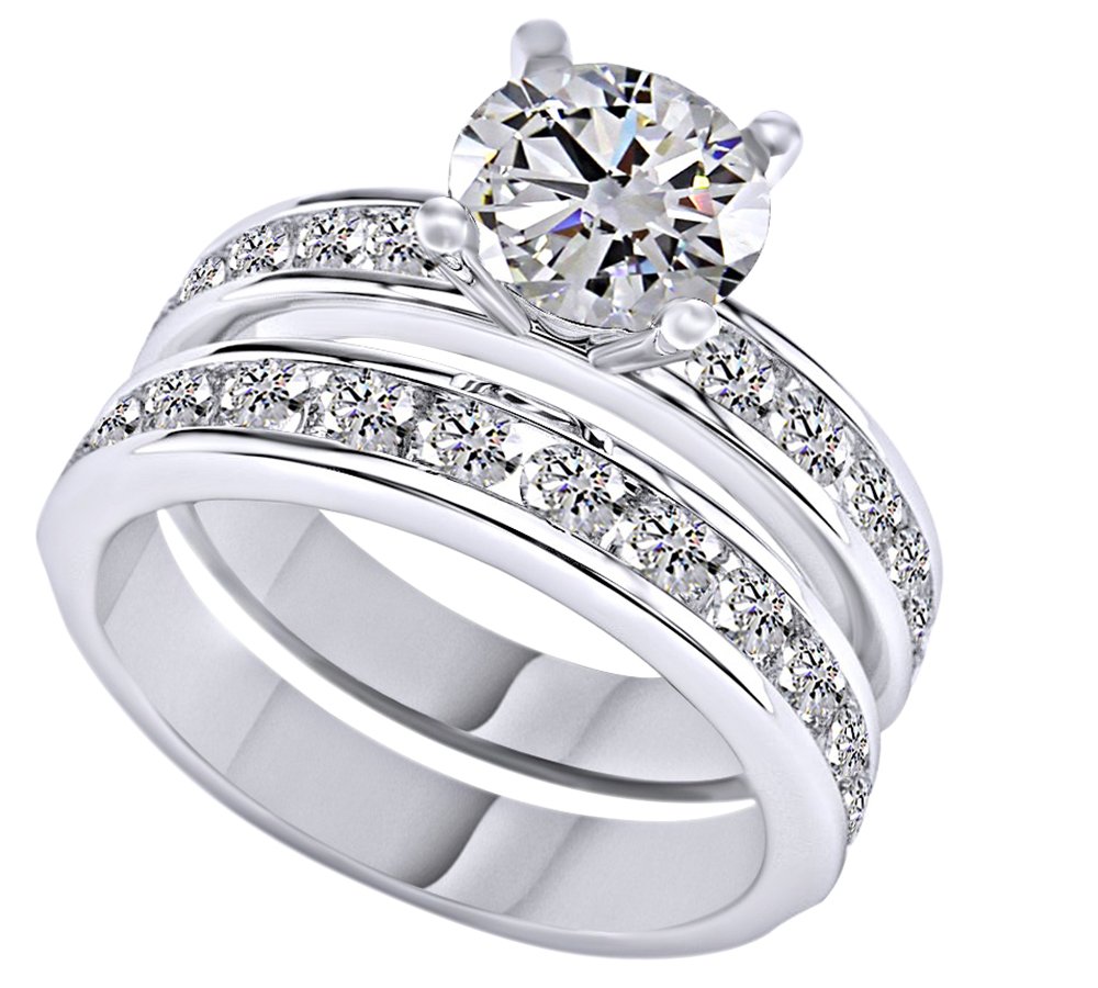 AFFY 2 Carat White Natural Diamond Bridal Engagement Wedding Ring Set in 14k Solid White Gold