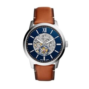 fossil men's townsman automatic stainless steel and leather three-hand skeleton watch, color: silver, luggage (model: me3154)