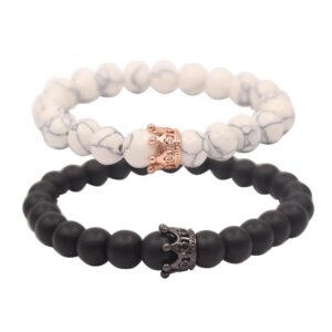 ueuc distance couple bracelets with cz crown king&queen black&white howlite 8mm beads bracelet