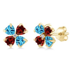 gem stone king 18k yellow gold plated silver swiss blue topaz and red garnet earrings for women | 2.67 cttw | gemstone november birthstone | heart shape 4mm