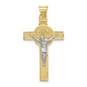 diamond2deal 14k rhodium-plated-gold two-tone st. benedict medal crucifix cross pendant fine jewelry for women