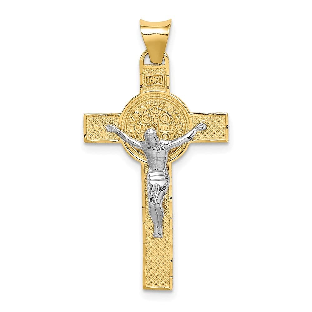 Diamond2Deal 14K rhodium-plated-gold Two-tone St. Benedict Medal Crucifix Cross Pendant Fine Jewelry for Women