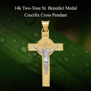 Diamond2Deal 14K rhodium-plated-gold Two-tone St. Benedict Medal Crucifix Cross Pendant Fine Jewelry for Women