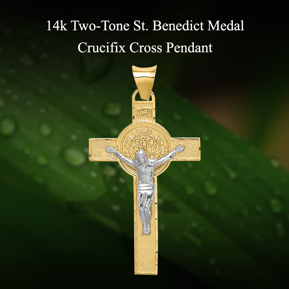 Diamond2Deal 14K rhodium-plated-gold Two-tone St. Benedict Medal Crucifix Cross Pendant Fine Jewelry for Women