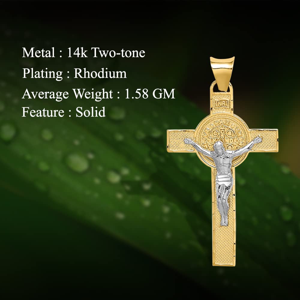 Diamond2Deal 14K rhodium-plated-gold Two-tone St. Benedict Medal Crucifix Cross Pendant Fine Jewelry for Women