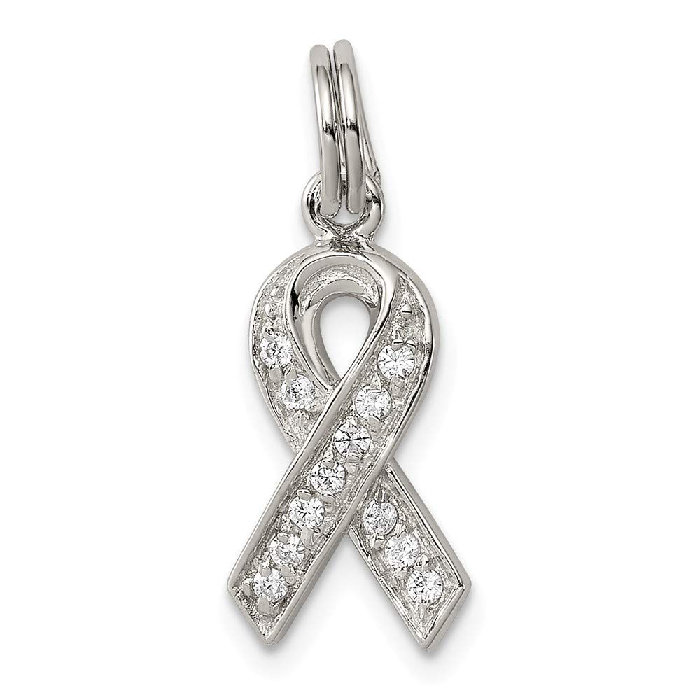 Solid 925 Sterling Silver CZ Cubic Zirconia Awareness Ribbon Pendant (9mm x 15mm)