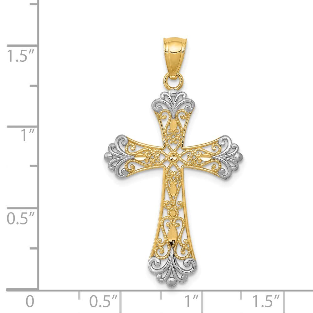 Solid 14k Yellow and White Gold Two Tone Diamond-Cut Cross Pendant (21mm x 38mm)