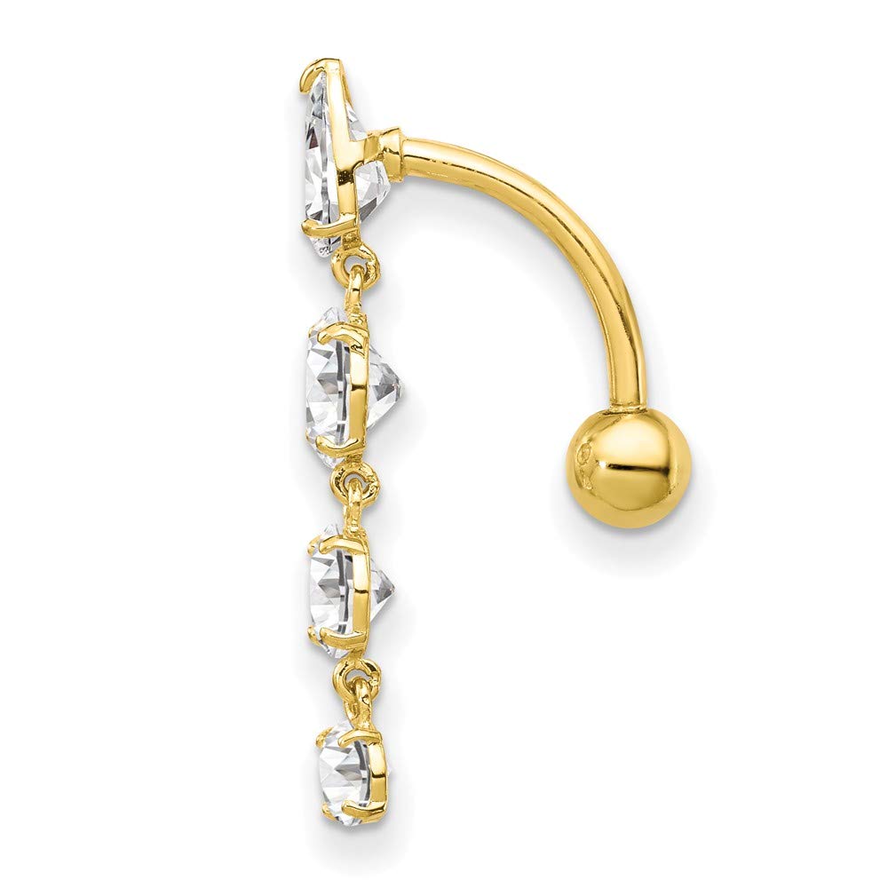 Solid 10k Yellow Gold Tops Down with 4 Dangle CZ Cubic Zirconia Belly Dangle (5mm x 28mm)