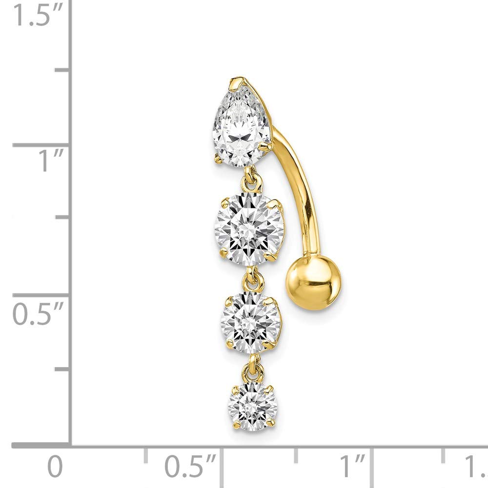 Solid 10k Yellow Gold Tops Down with 4 Dangle CZ Cubic Zirconia Belly Dangle (5mm x 28mm)