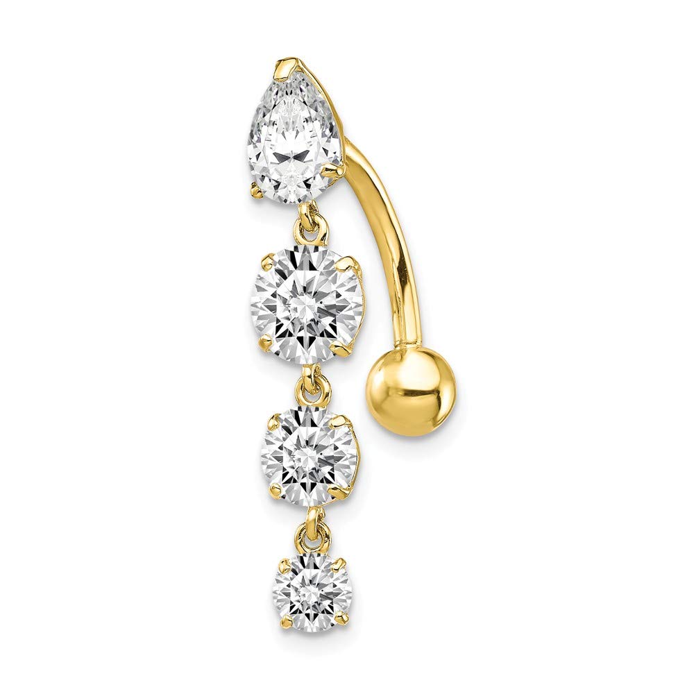 Solid 10k Yellow Gold Tops Down with 4 Dangle CZ Cubic Zirconia Belly Dangle (5mm x 28mm)