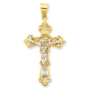 diamond2deal 14k white and yellow gold inri fleur de lis crucifix pendant fine jewelry for women (l- 47 mm w- 23 mm)