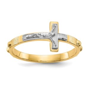 size 8 - solid 14k gold two-tone crucifix cross rosary ring (2mm)