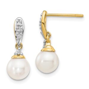 solid 14k yellow gold diamond and 6-7mm round fw cultured pearl post dangle earrings