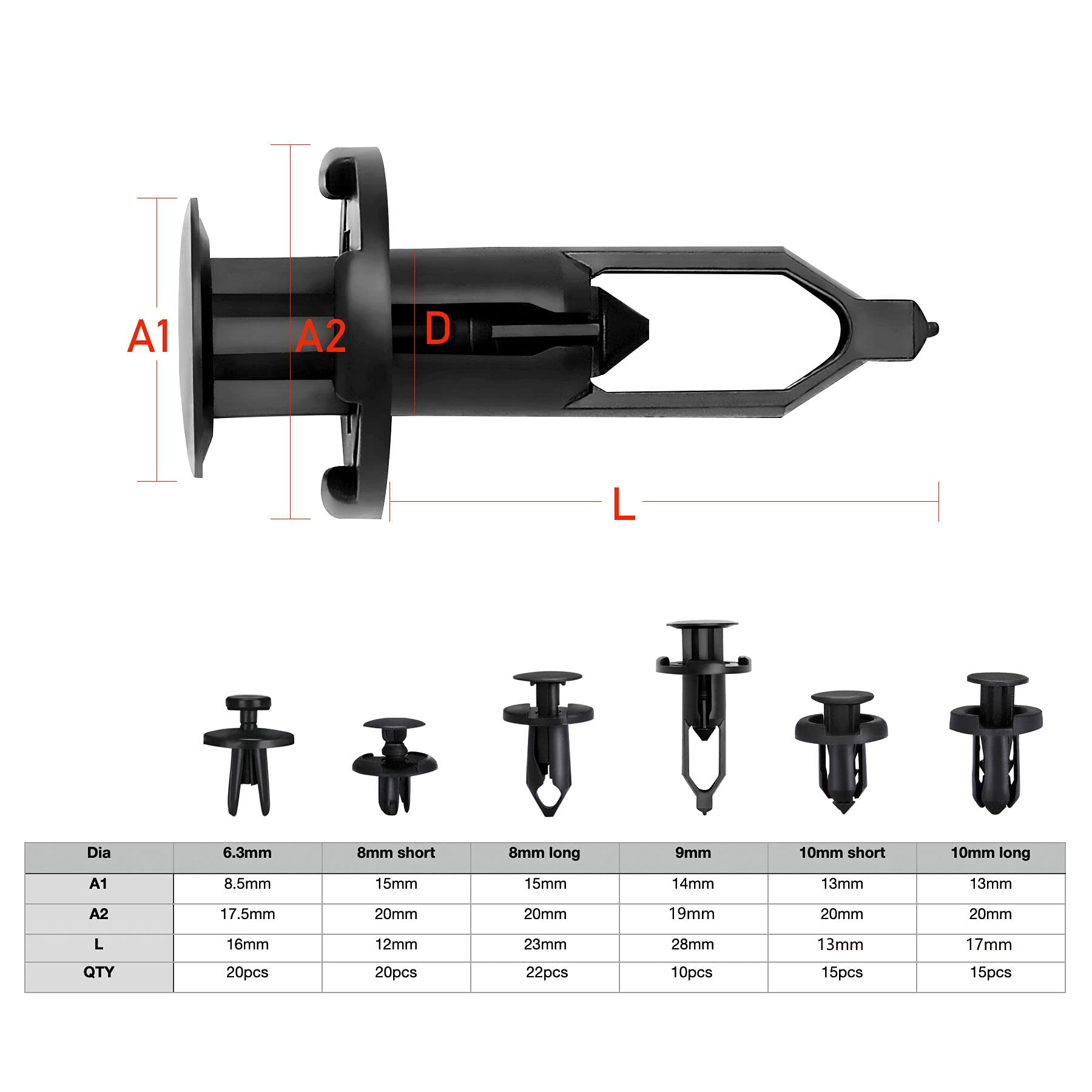 Ginsco 102pcs 6.3mm 8mm 9mm 10mm Bumper Push Fasteners Rivet Clips Expansion Screws Replacement Kit