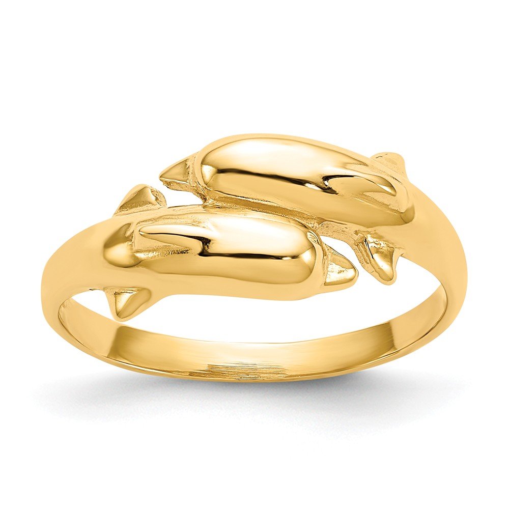 Size 7 - Solid 14k Yellow Gold Double Dolphin Ring (2mm)